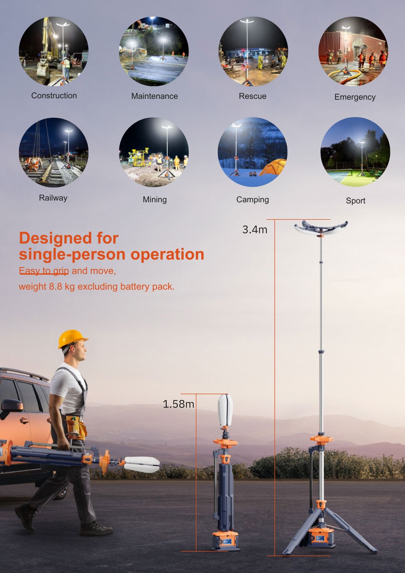 Aiko 3.3M Portable IP66 Li-ion Petal Tower Light (2X Small Battery, 1X