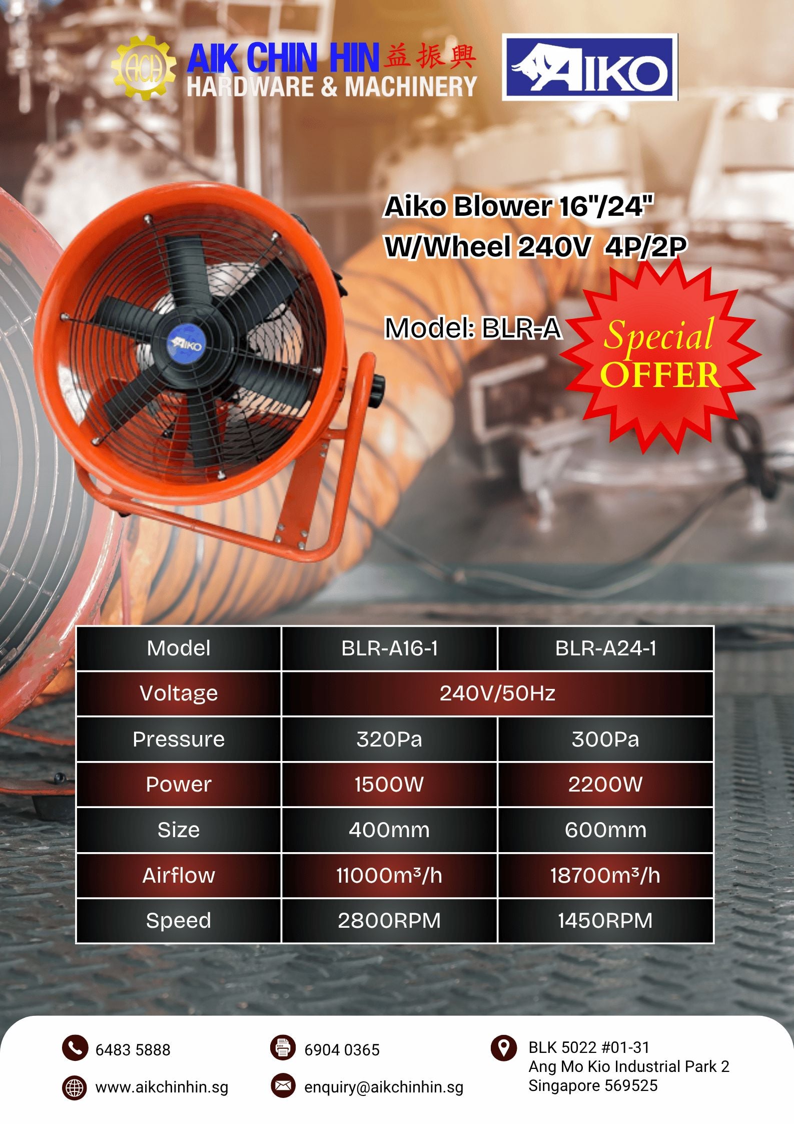 Aiko Ventilator Blower 16“/24“ W/Wheel 240V 4P/2P | Model: BLR-A