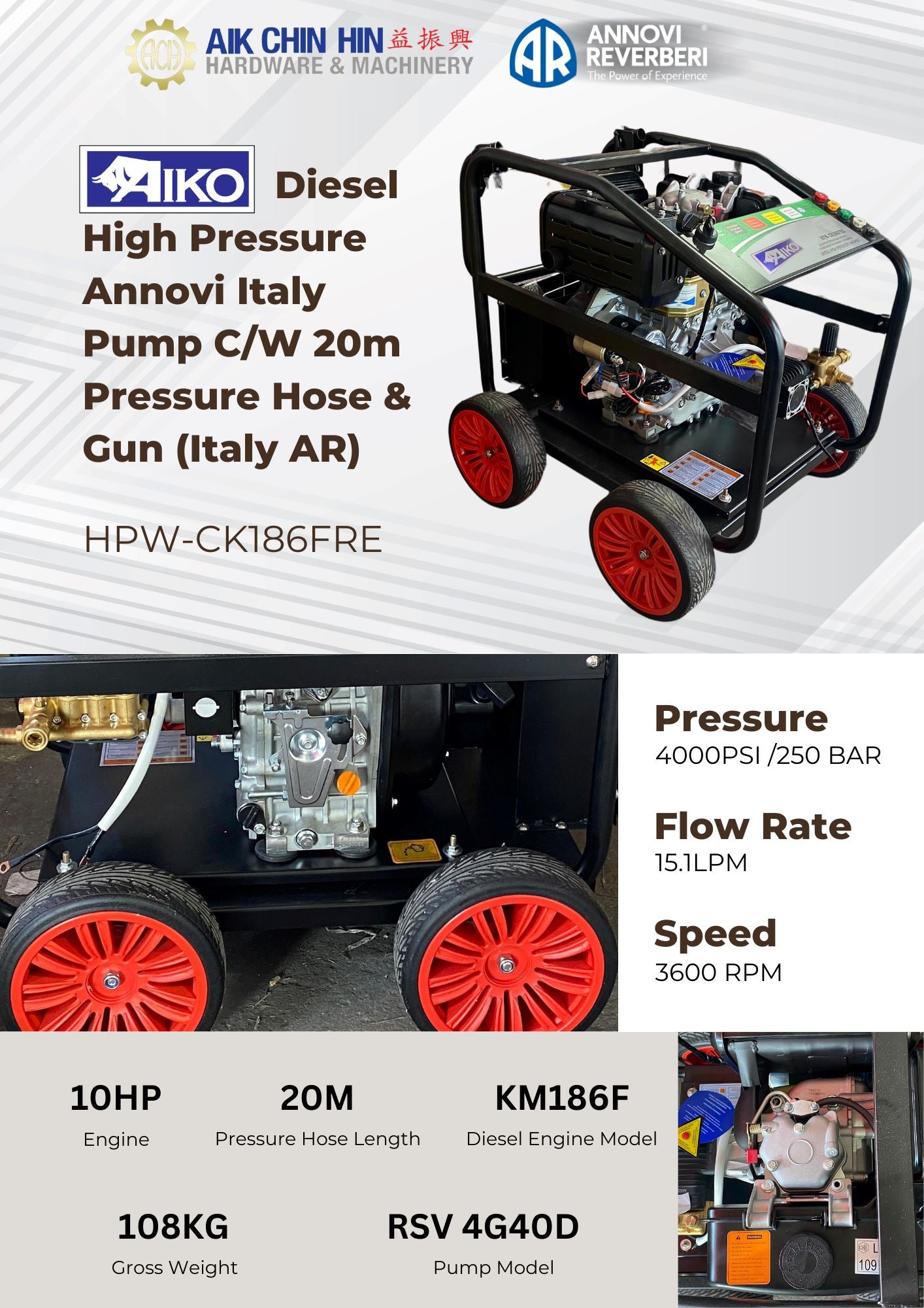 Aiko Diesel 250Bar 10Hp High Pressure AR Pump C/W 20m Pressure Hose (I