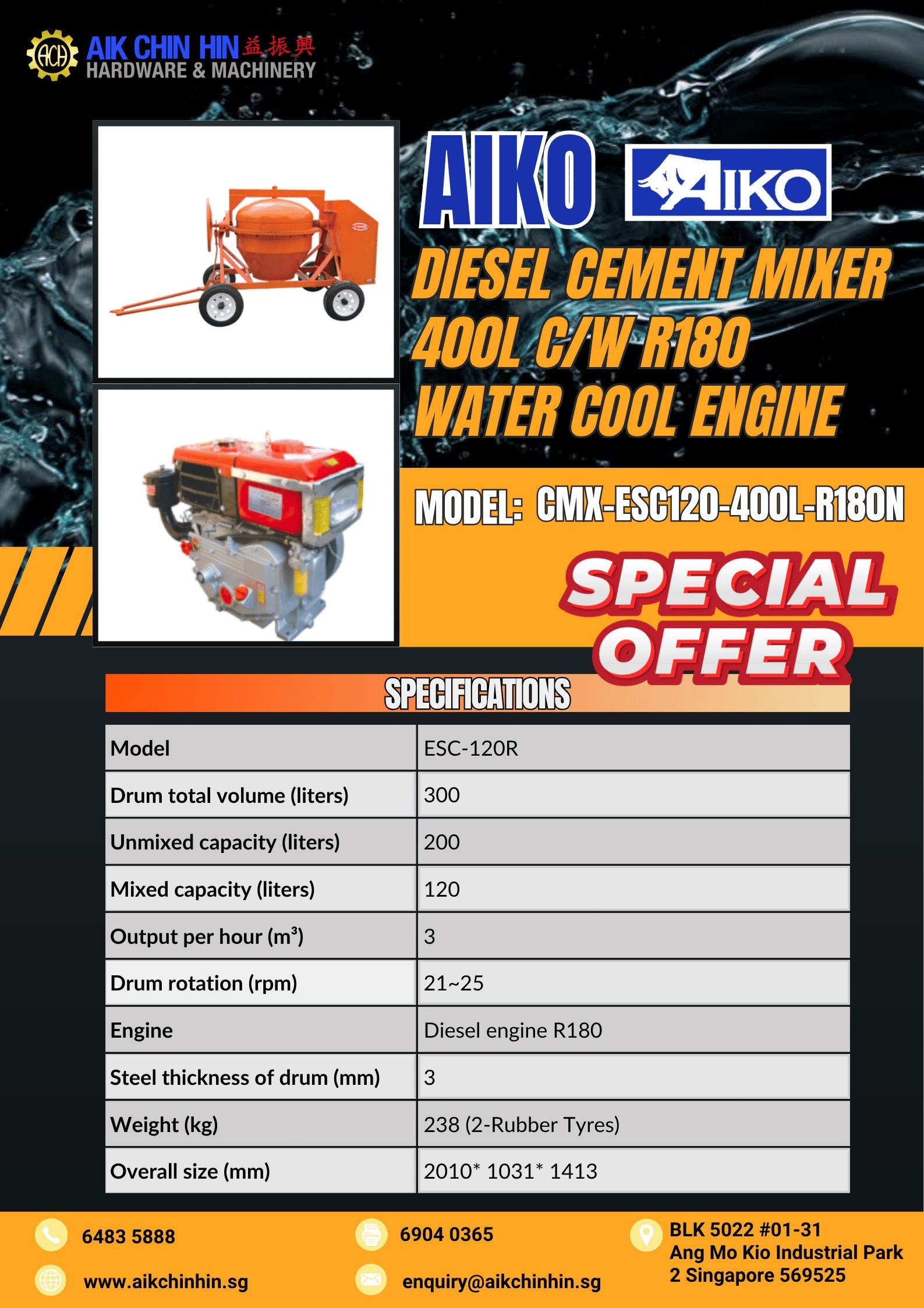 Aiko Diesel Cement Mixer 400L c/w R180 Water Cool Engine | Model: CMX-