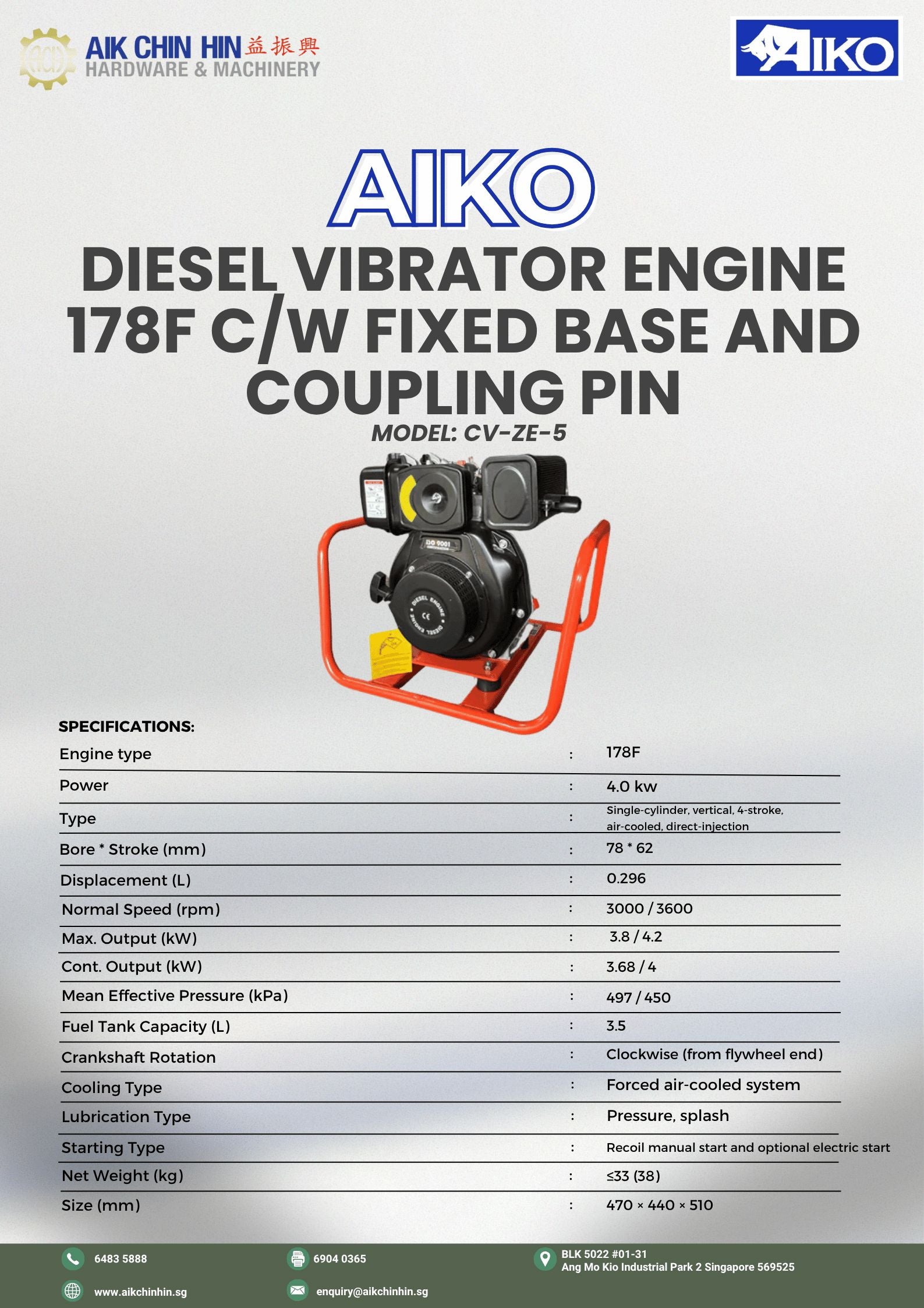 Aiko Diesel Vibrator Engine 178F C/W Fixed Base And Coupling Pin | Mod