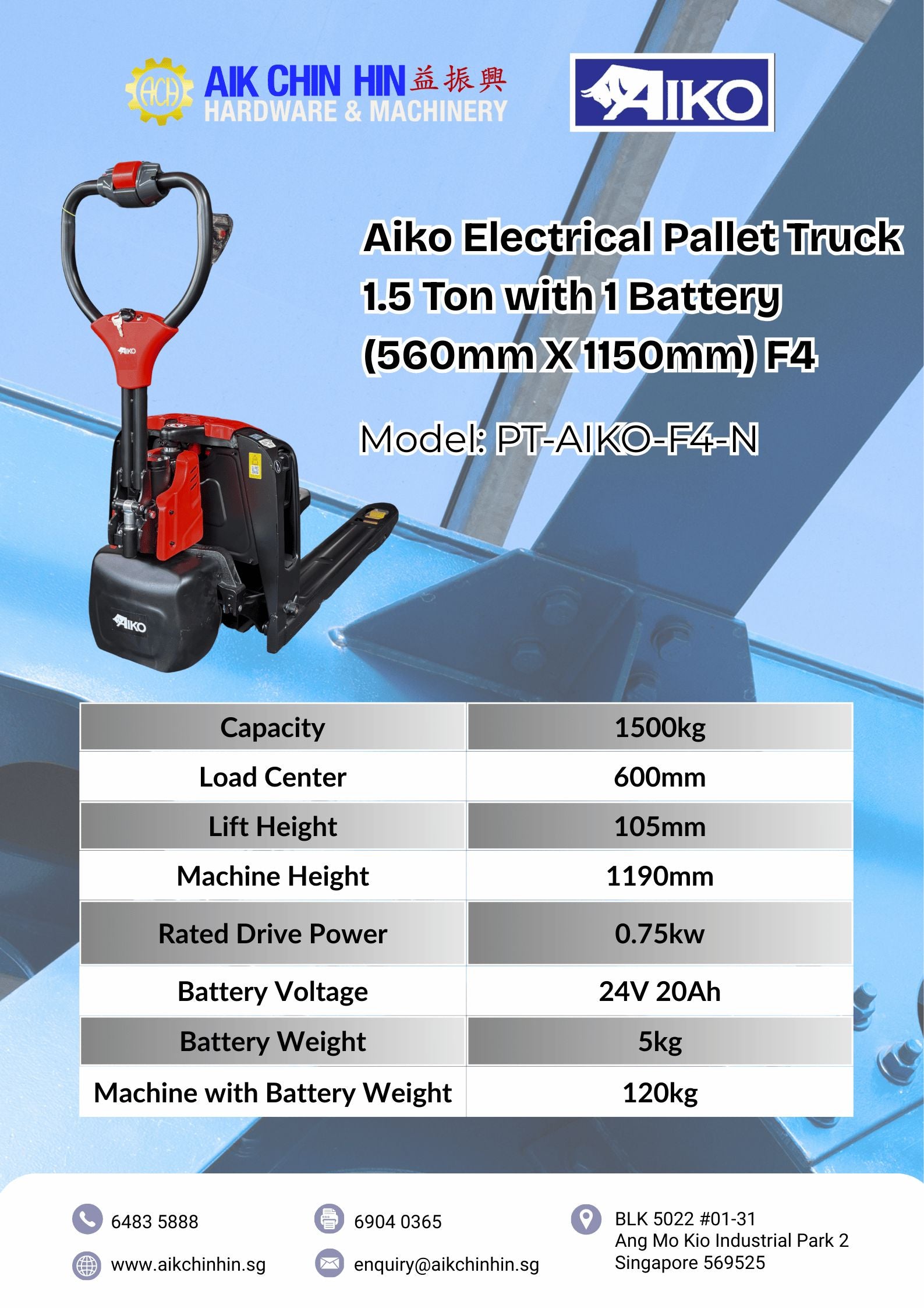Aiko Electrical Pallet Truck 1.5 Ton with 1 Battery (560mm X 1150mm) F