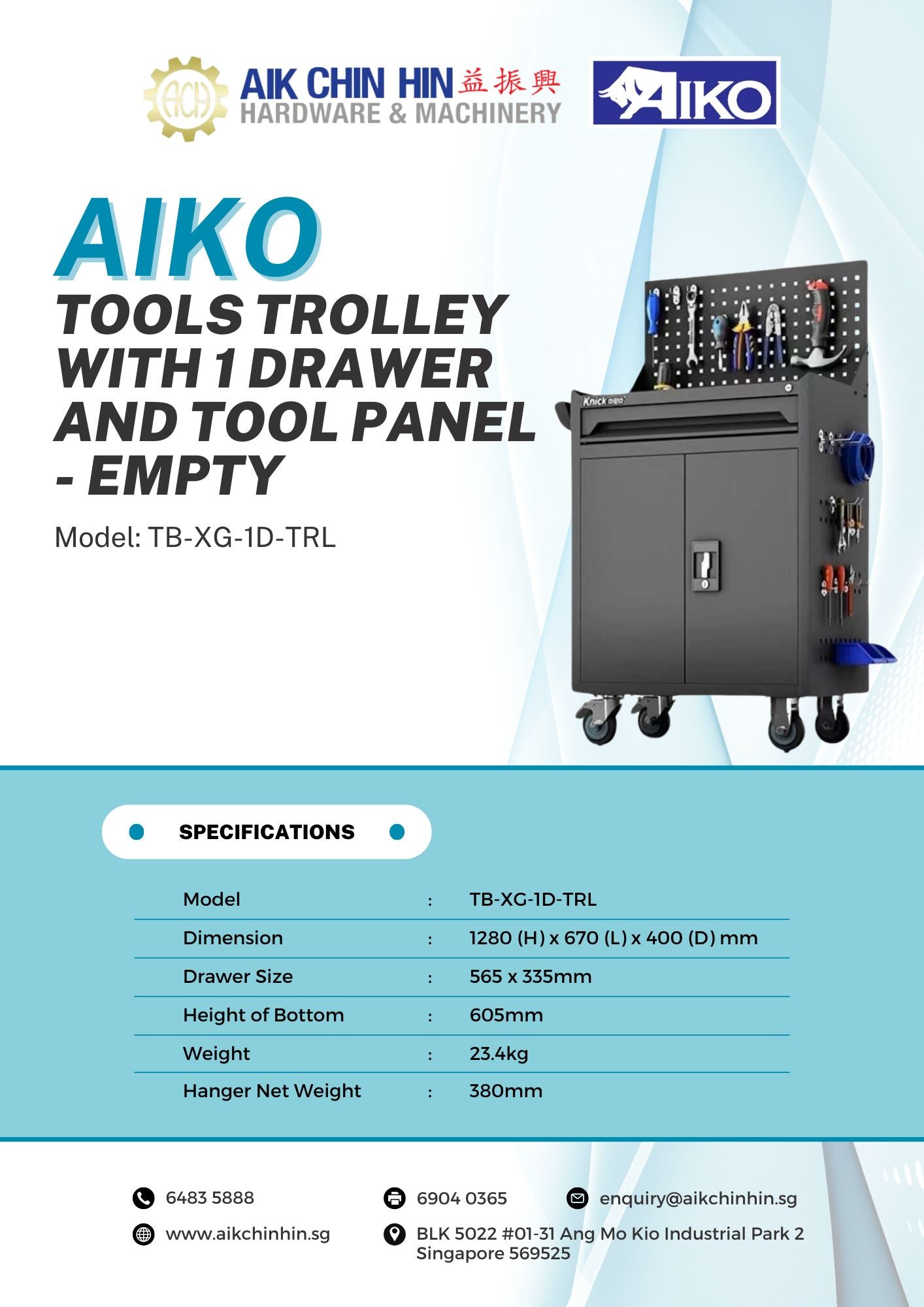 Aiko Tools Trolley with 1 Drawer and Tool Panel - Empty | Model : TB-X