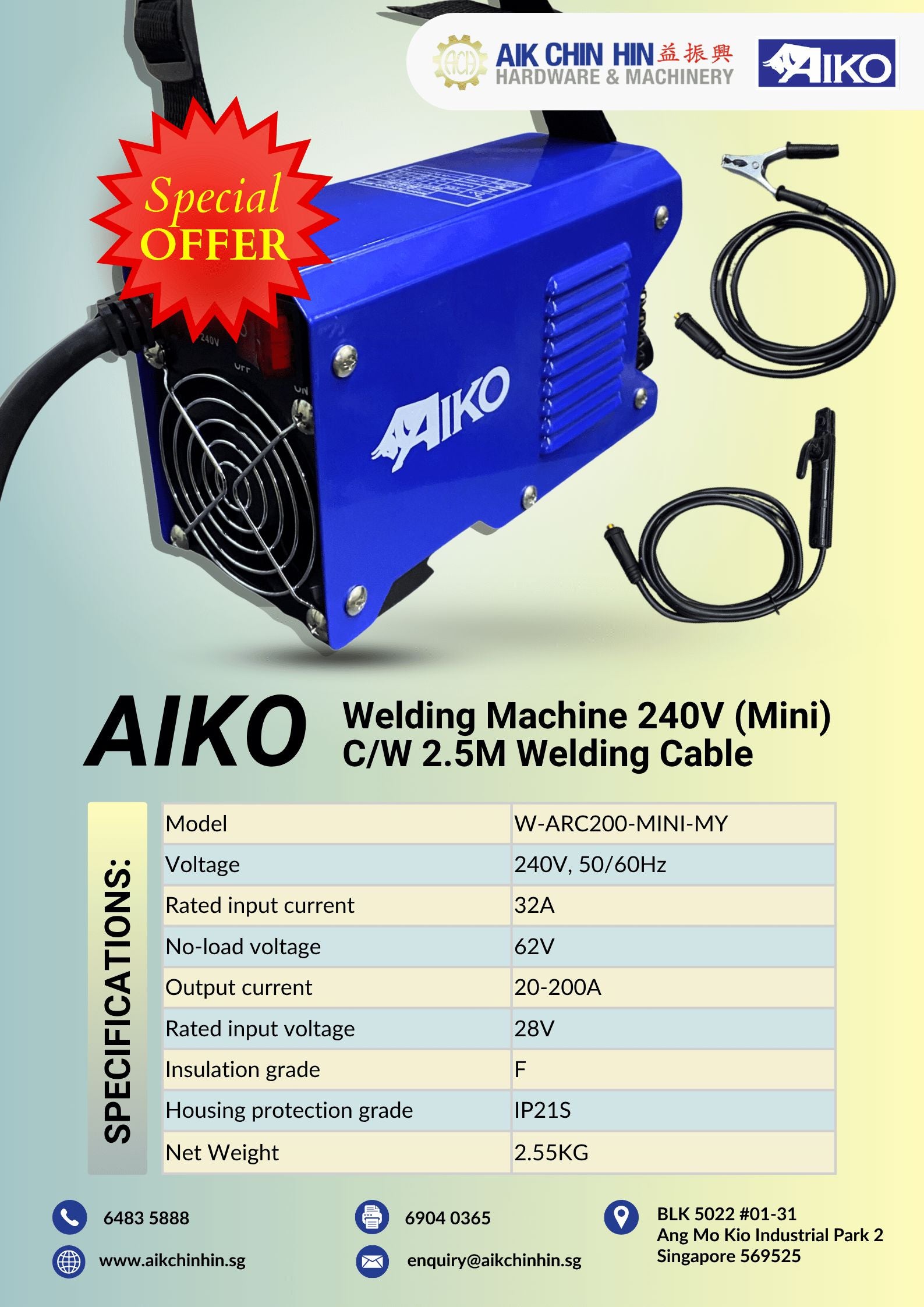 Aiko Welding Machine 240V (Mini) C/W 2.5M Welding Cable | Model: W-ARC