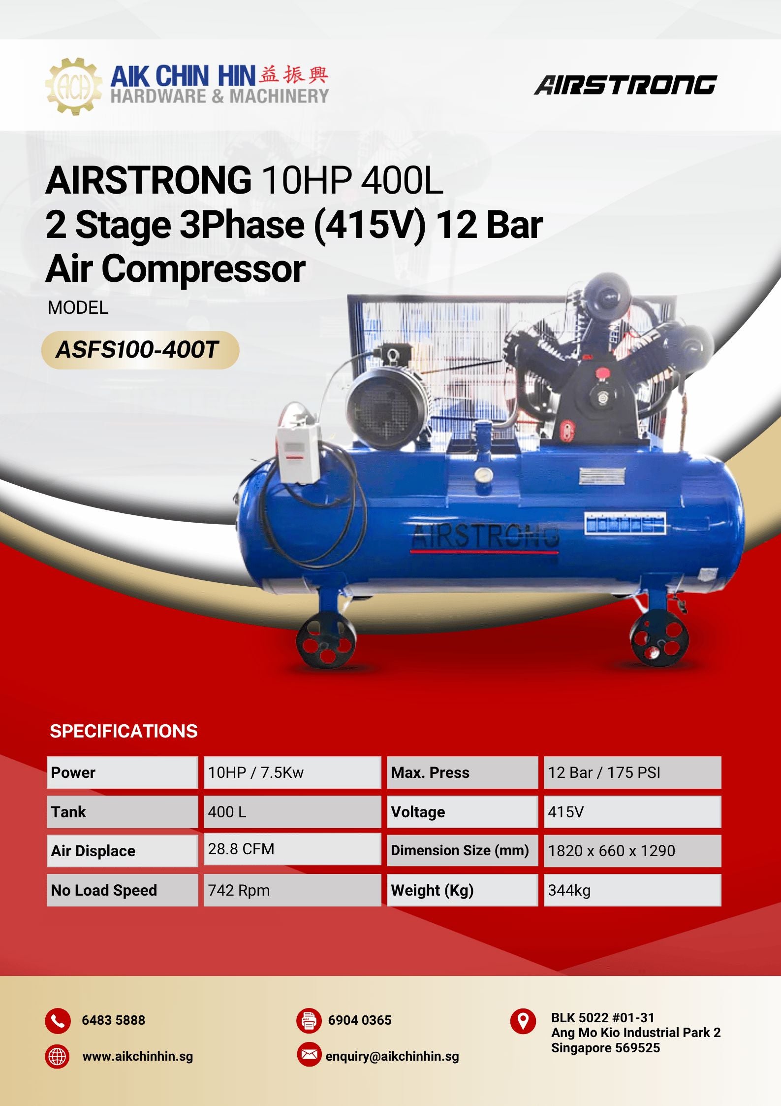AIRSTRONG 10HP 400L 2 Stage 3Phase (415V) 12 Bar Air Compressor | Mode