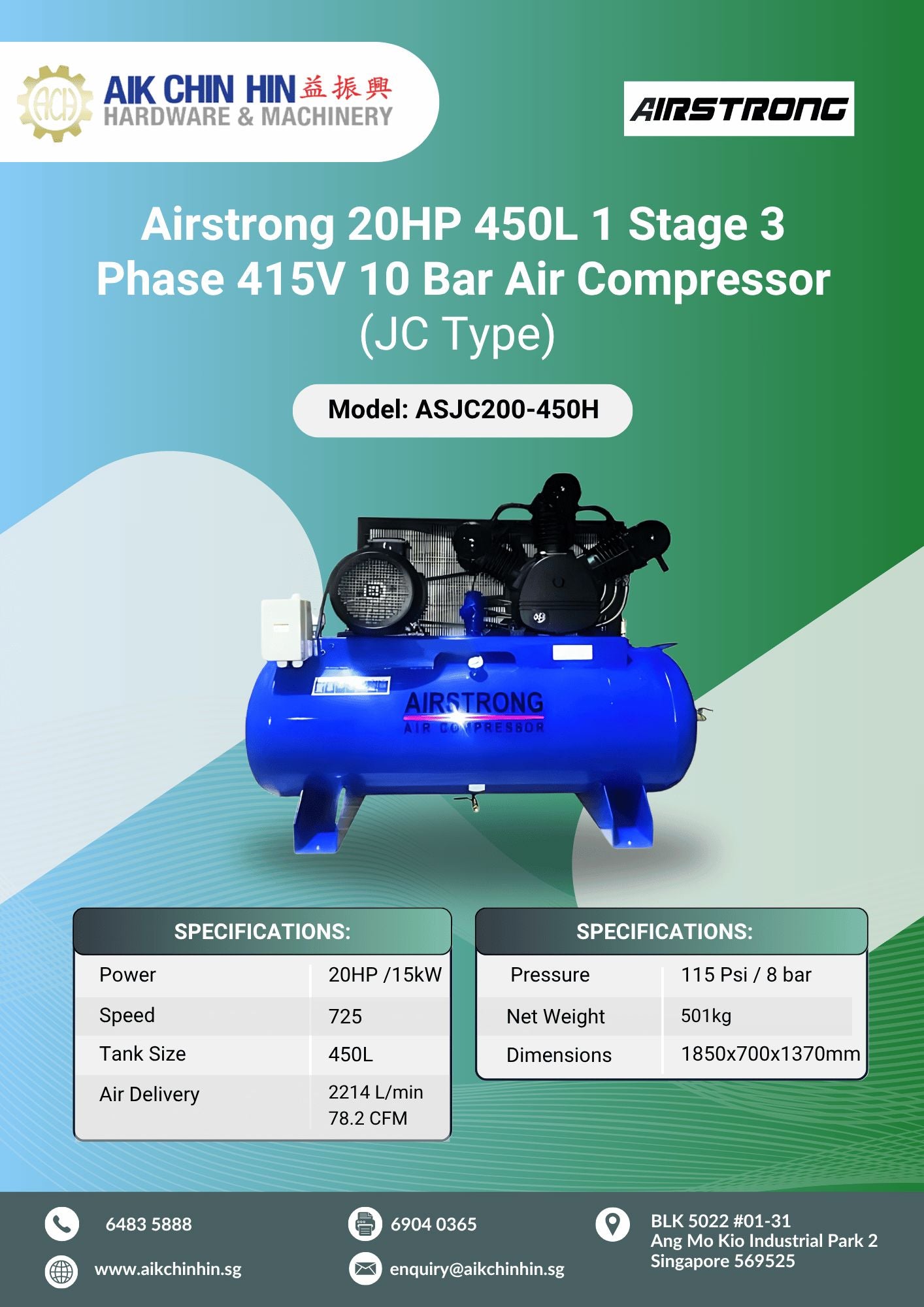 Airstrong 20HP 450L 1 Stage 3 Phase 415V 10 Bar Air Compressor (JC Typ