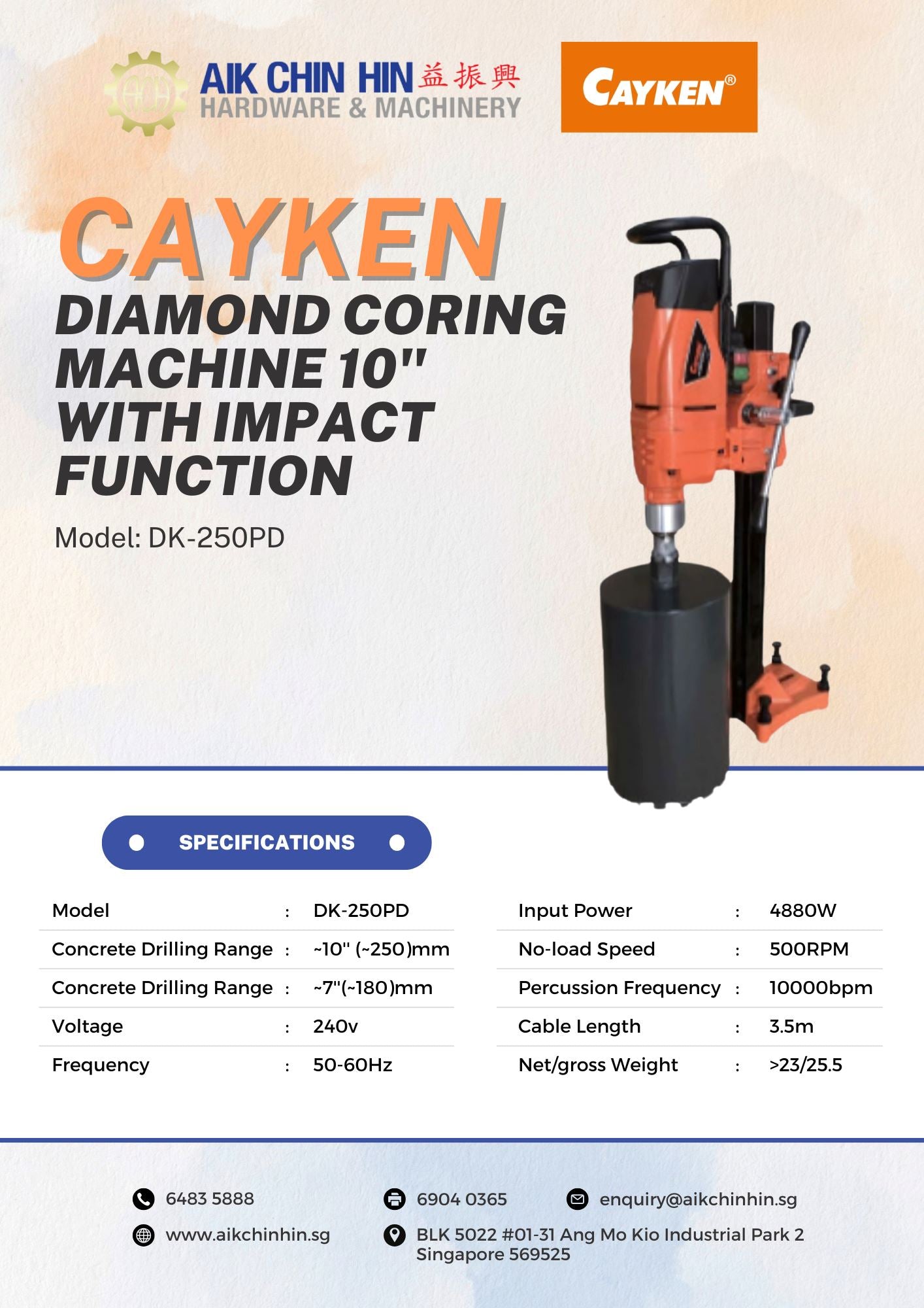 Cayken Diamond Coring Machine 10" with Impact Function | Model : DK-25