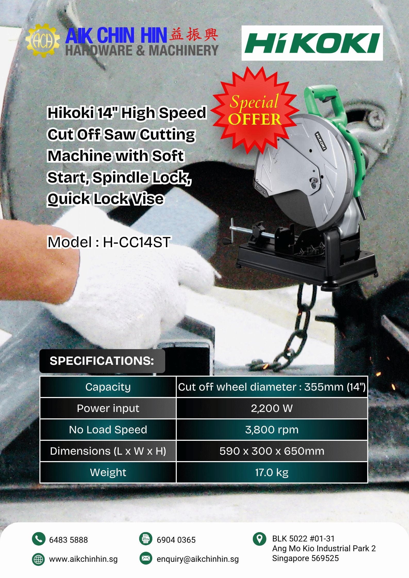Hikoki 14" High Speed Cut Off Saw Cutting Machine with Soft Start, Spi