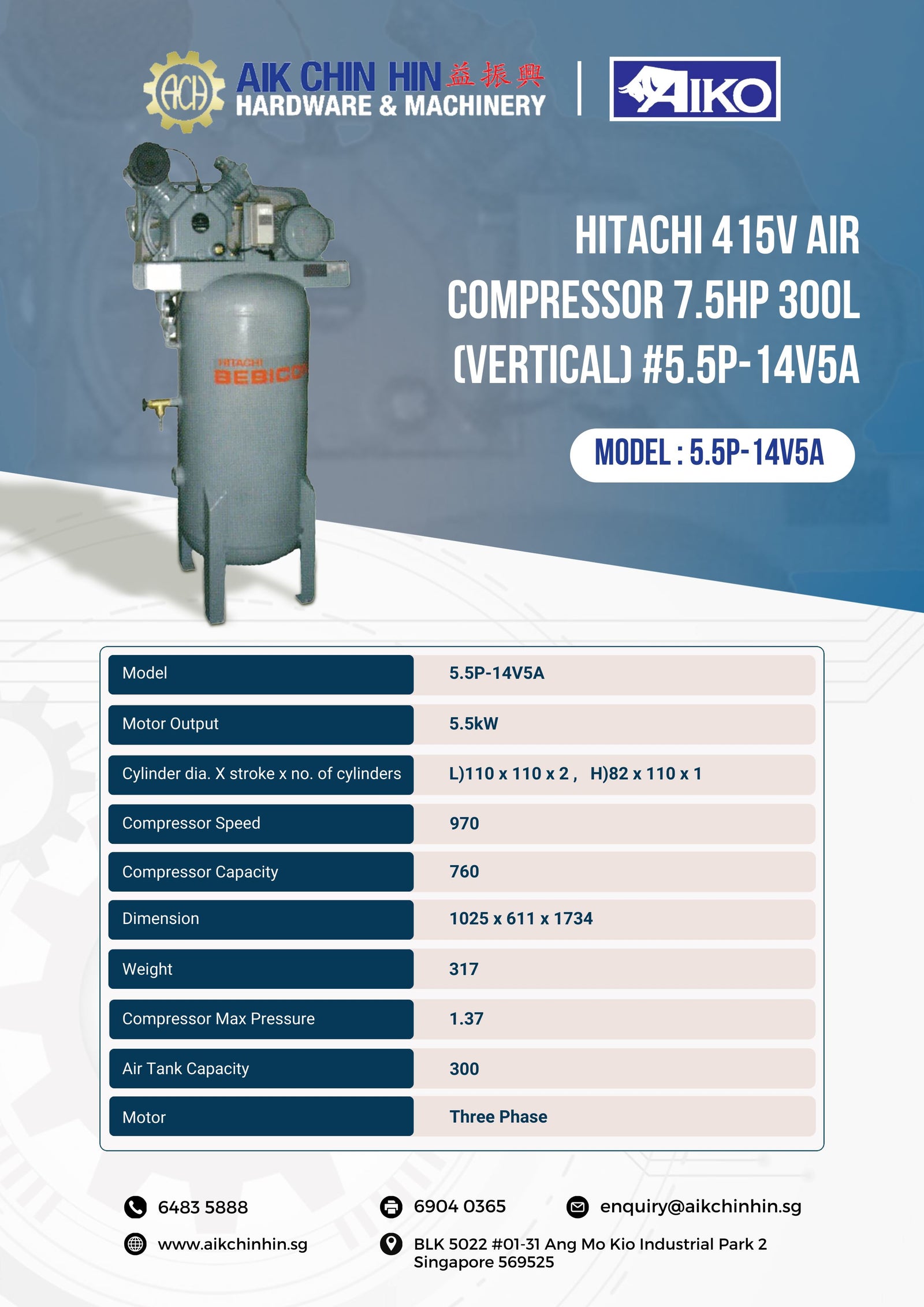 Hitachi 415V Air Compressor 7.5HP 300L (Vertical) #5.5P-14V5A | Model