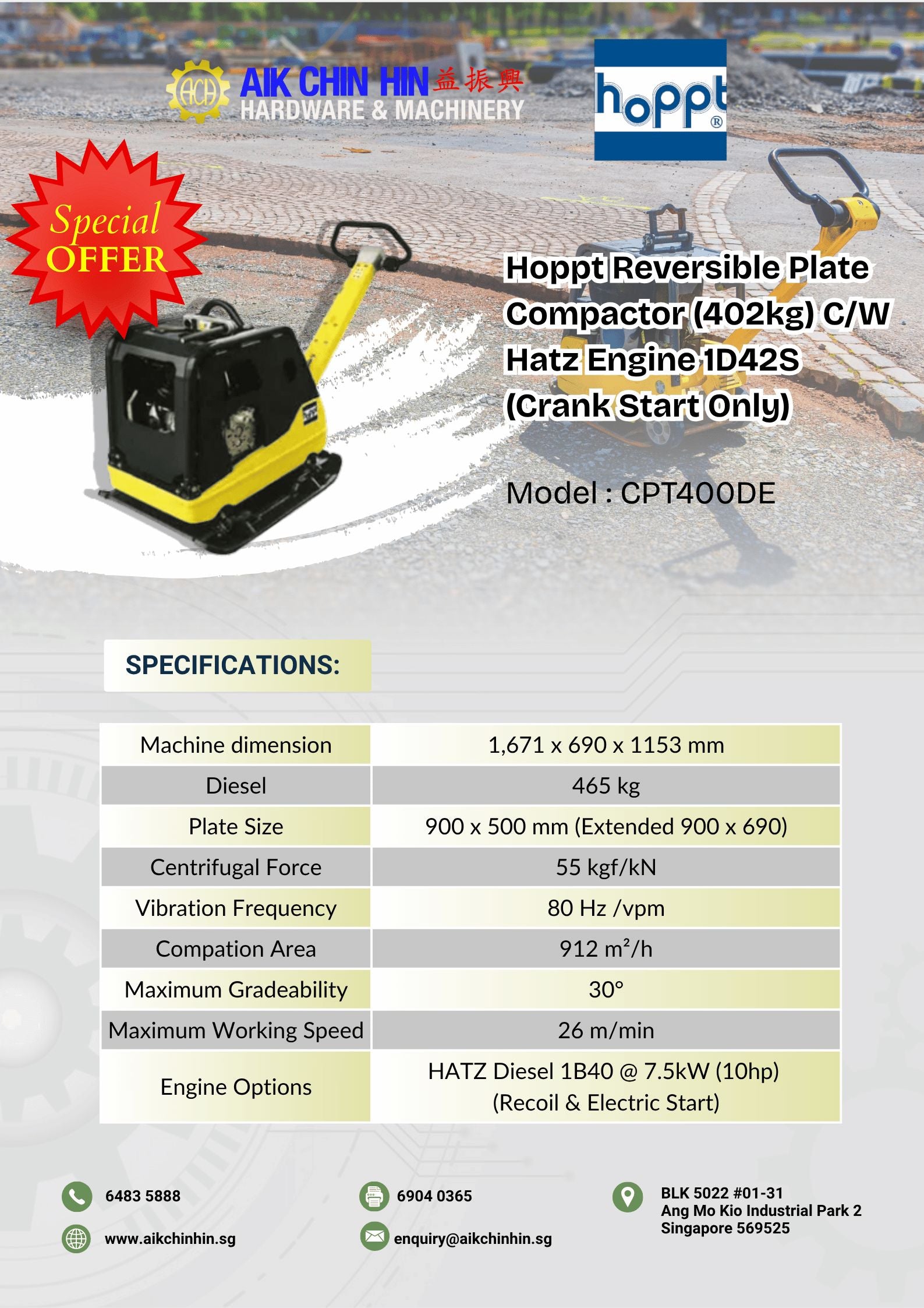 Hoppt Reversible Plate Compactor (402kg) C/W Hatz Engine 1D42S (Crank