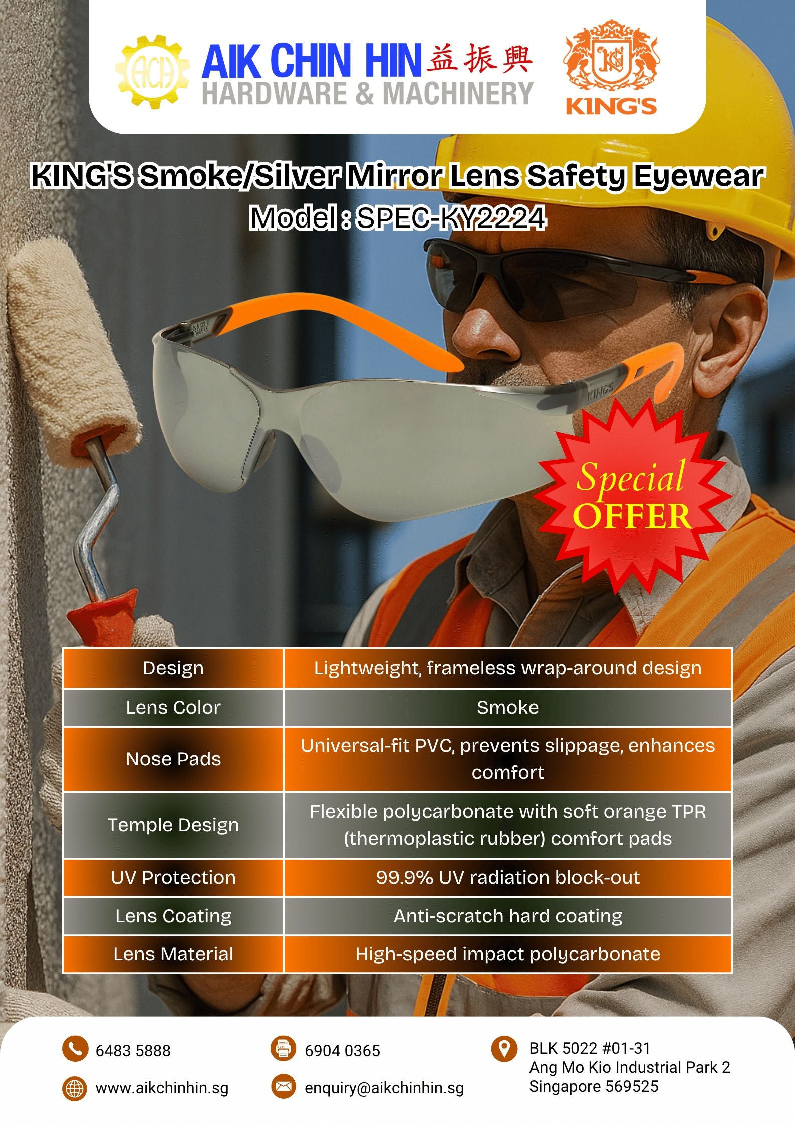 KING'S Smoke/Silver Mirror Lens Safety Eyewear | Model : SPEC-KY2224