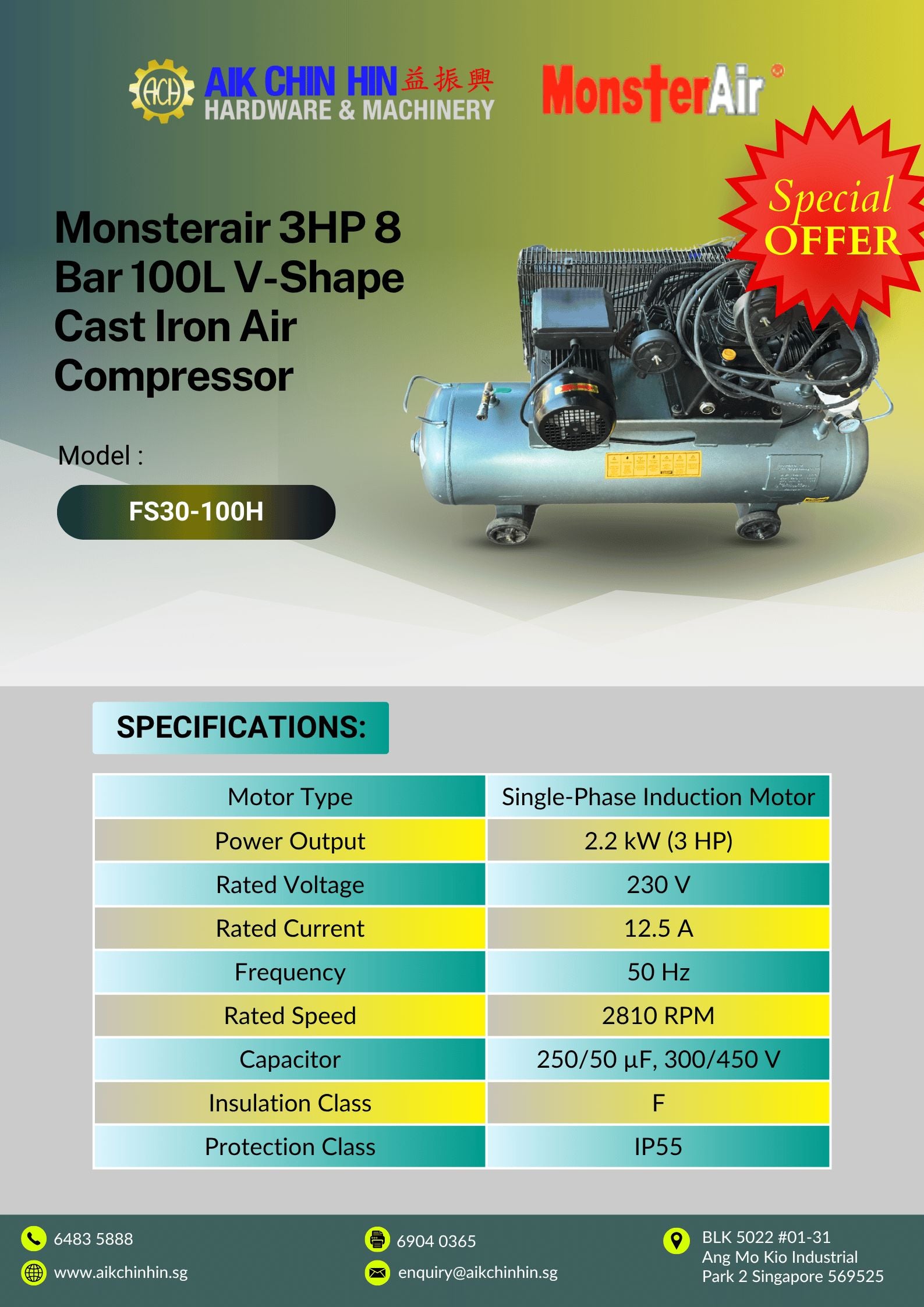 Monsterair 3HP 8 Bar 100L V-Shape Cast Iron Air Compressor #FS30-100H