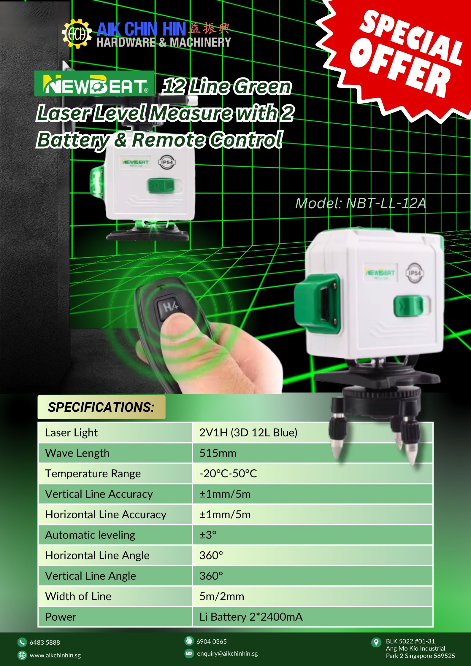 NEWBEAT 12 Line Green Laser Level Measure with 2 Battery & Remote Cont