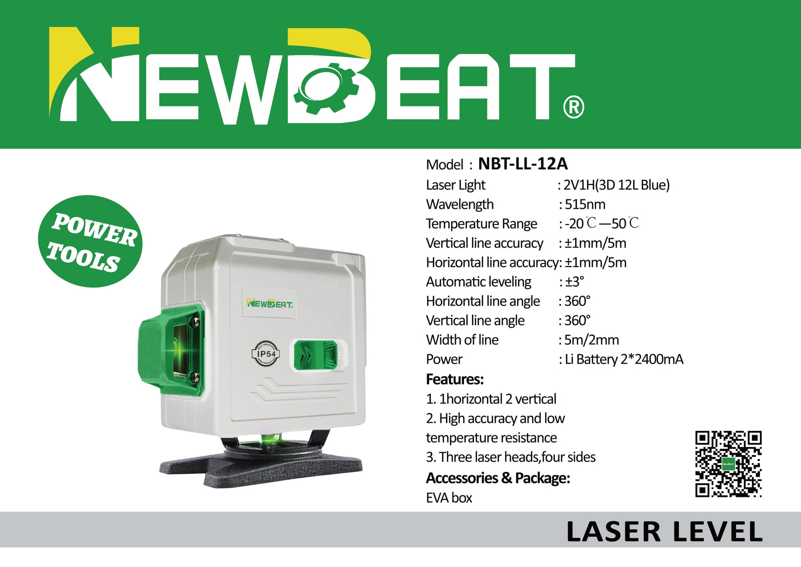 NEWBEAT 12 Line Green Laser Level Measure with 2 Battery & Remote Cont