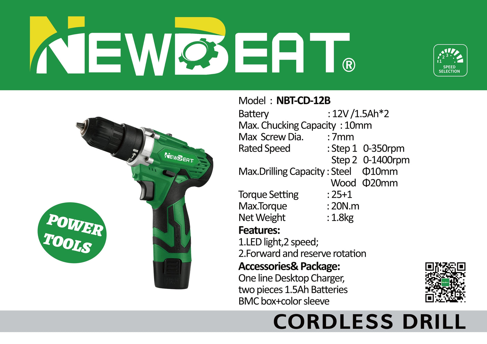 NEWBEAT 12V Cordless Hand Drill C/W 2 Battery & 1 Charger | Model : NB
