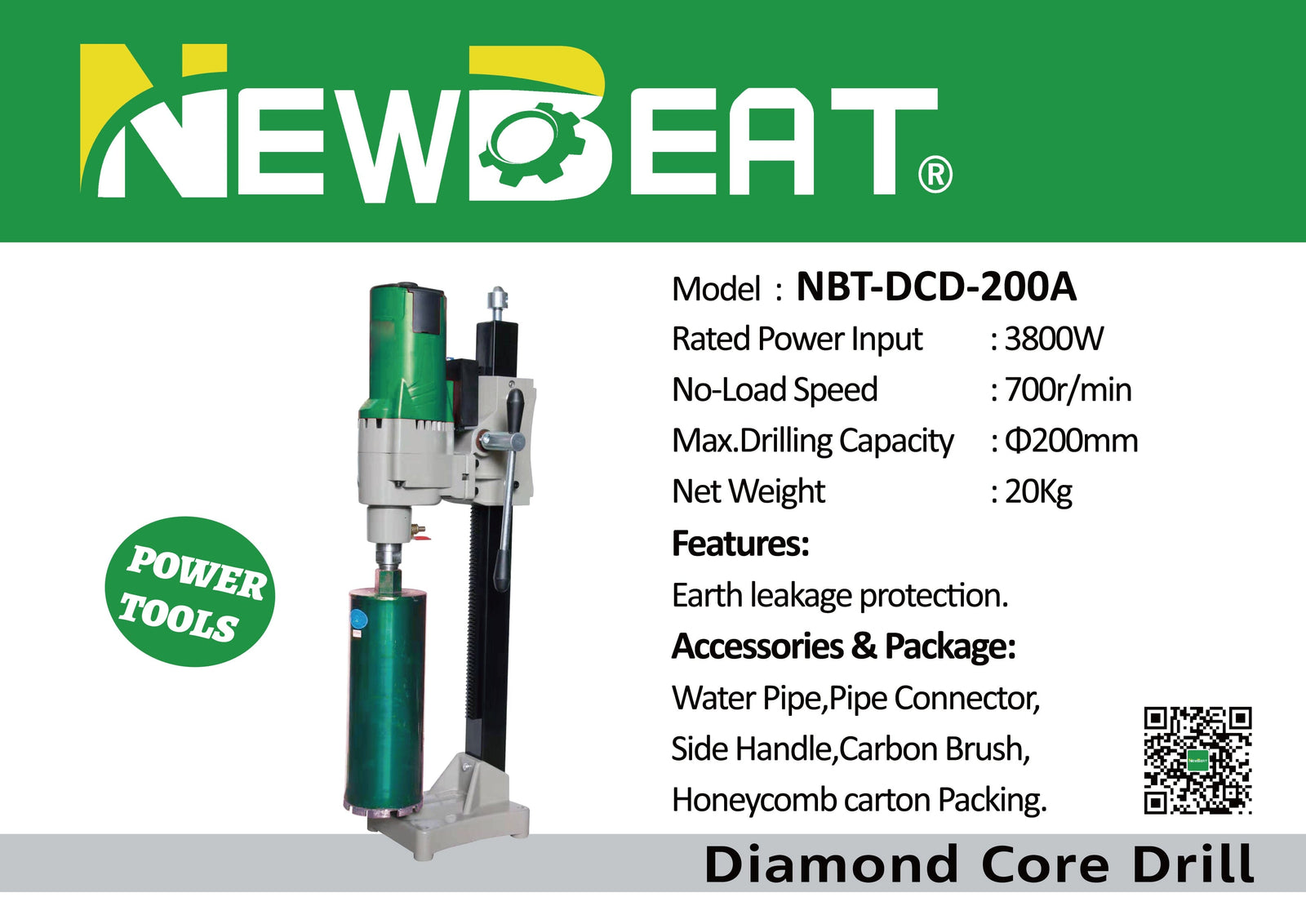 NEWBEAT 200MM 3800W Diamond Core Drill Coring Machine | Model : NBT-DC