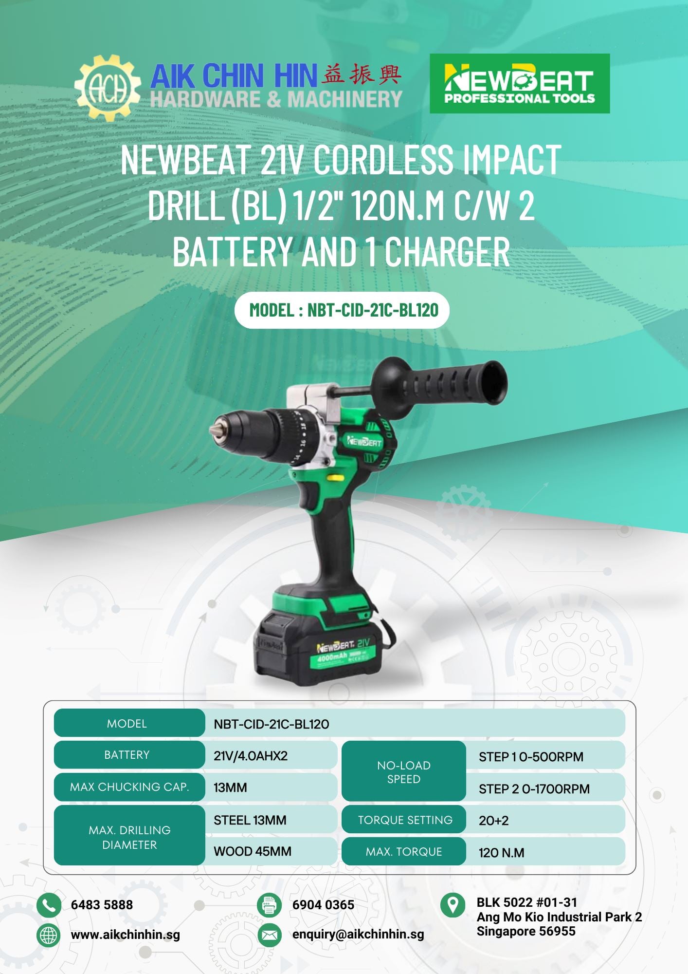 Newbeat 21V Cordless Impact Drill (BL) 1/2" 120N.m C/W 2 Battery and 1
