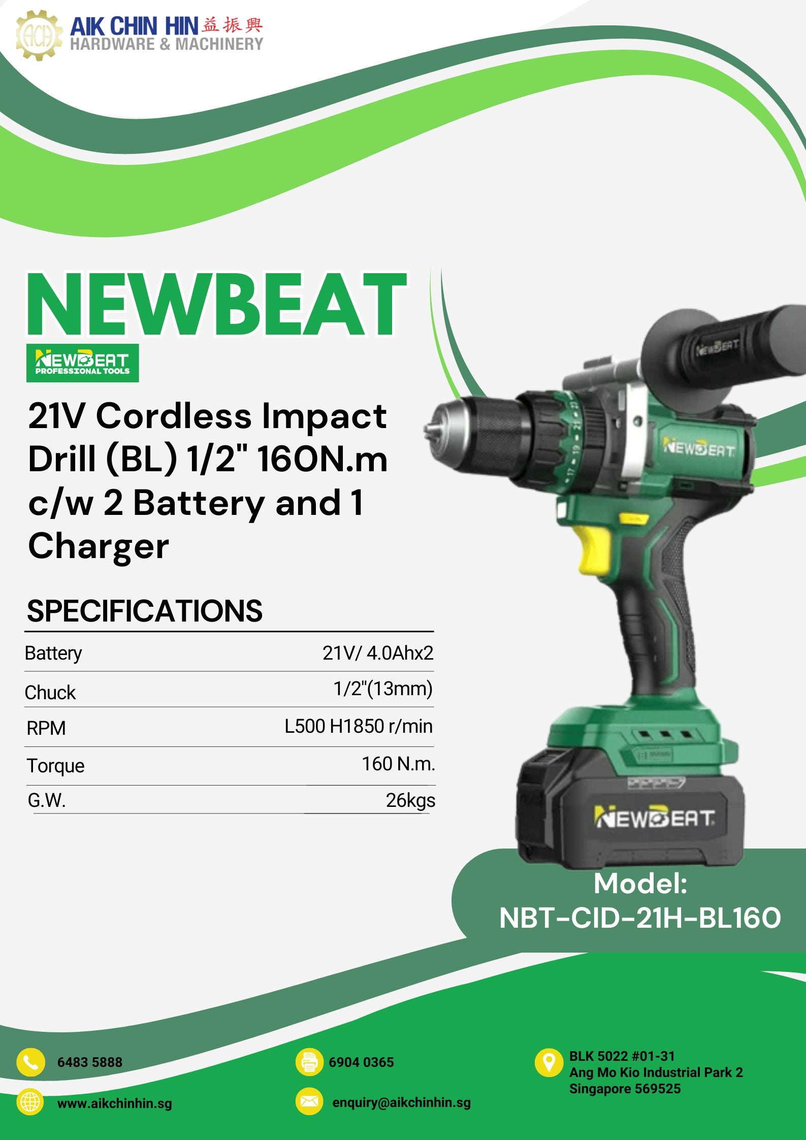 Newbeat 21V Cordless Impact Drill (BL) 1/2" 160N.m c/w 2 Battery and 1