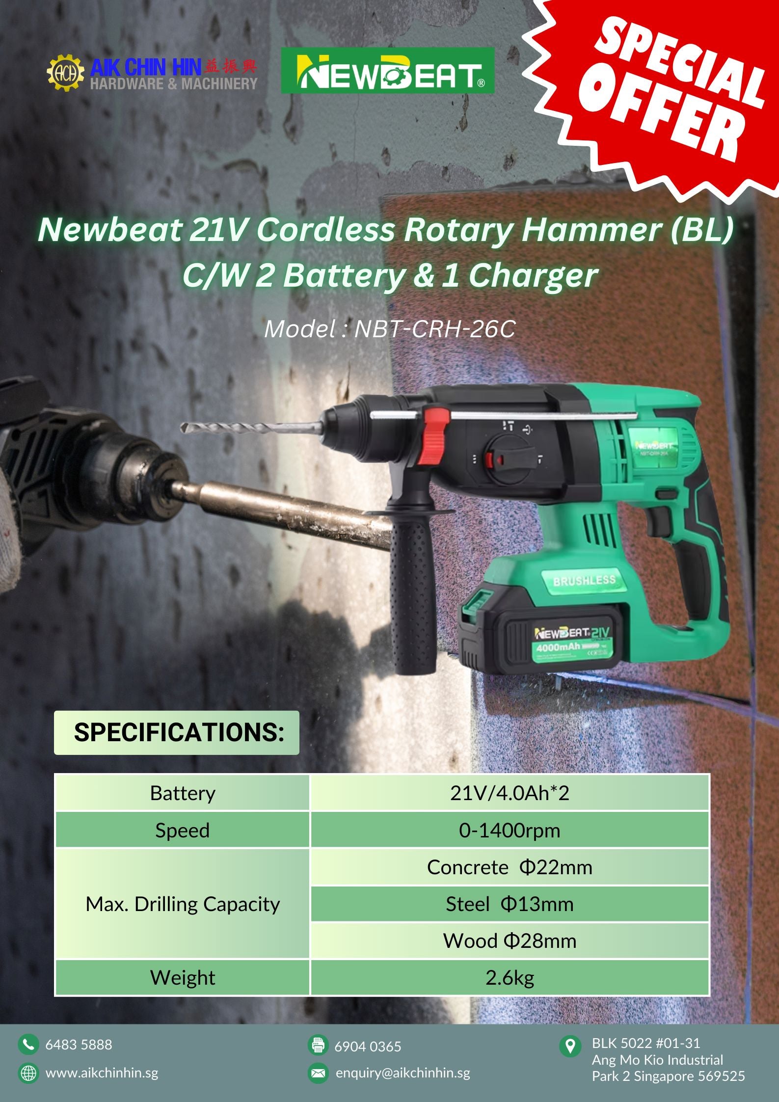 NEWBEAT 21V Cordless Rotary Hammer (BL) C/W 2 Battery & 1 Charger | Mo