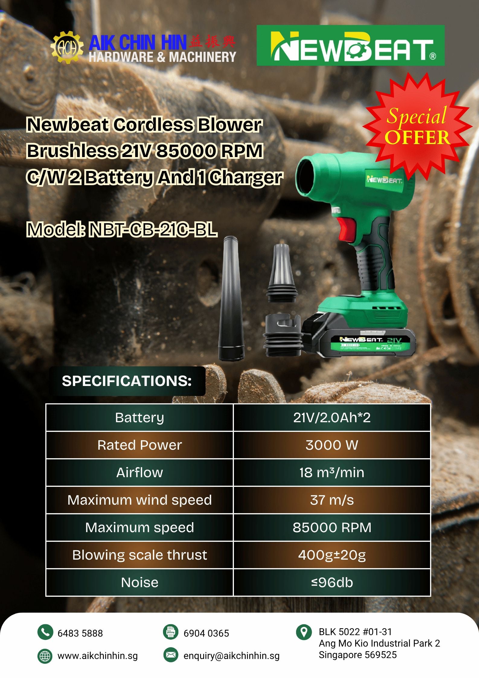 Newbeat Cordless Blower Brushless 21V 85000 RPM C/W 2 Battery And 1 Ch