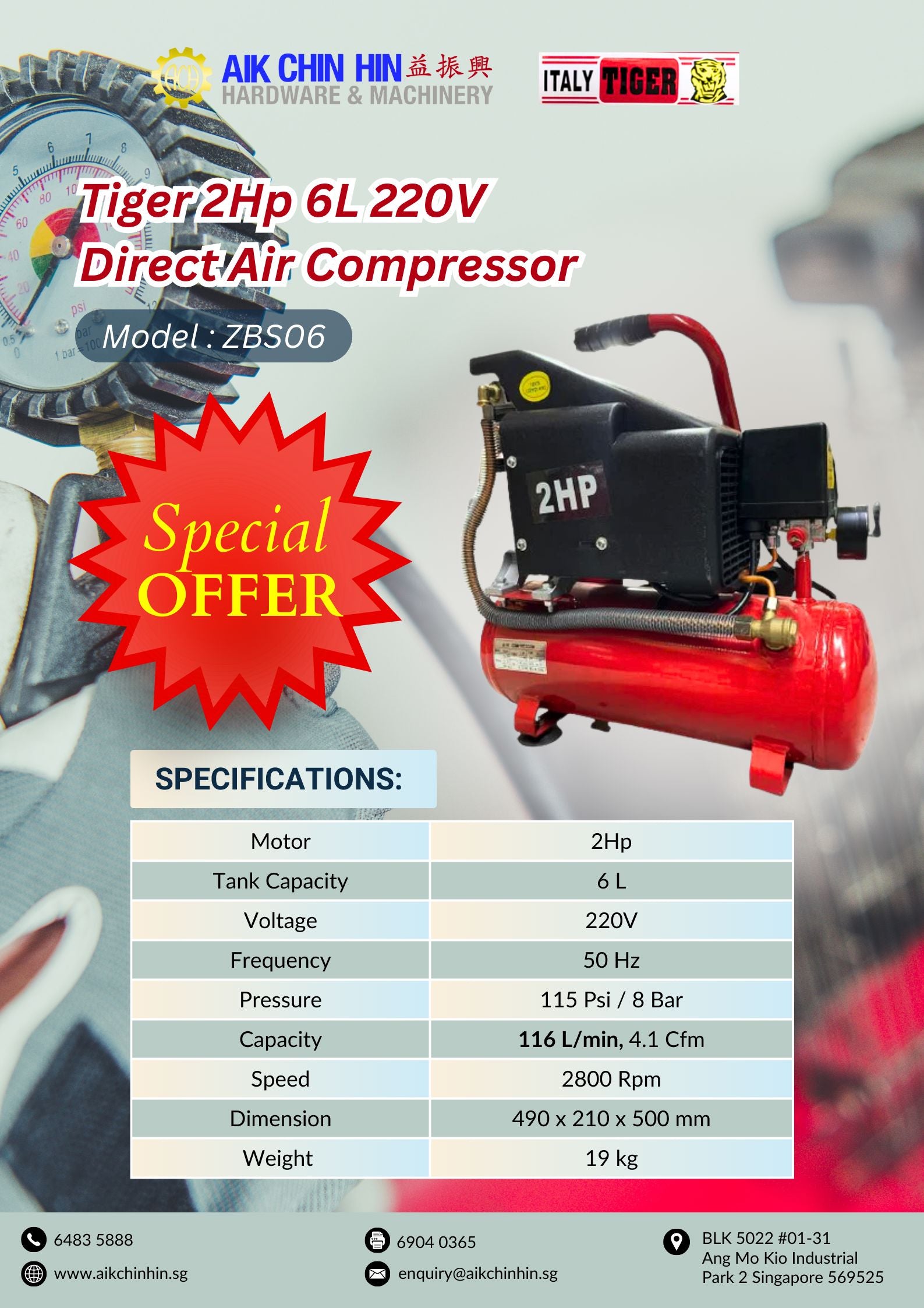 Tiger 2Hp 6L 220V Direct Air Compressor (FOR EXPORT ONLY) | Model : ZB