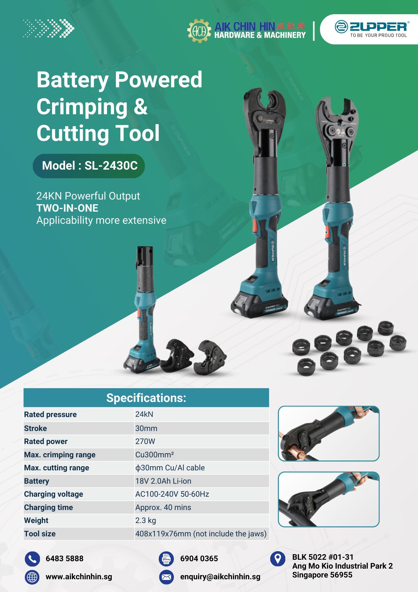 Zupper Battery Powered Crimping & Cutting Tool 18V 24kN C/W Battery An