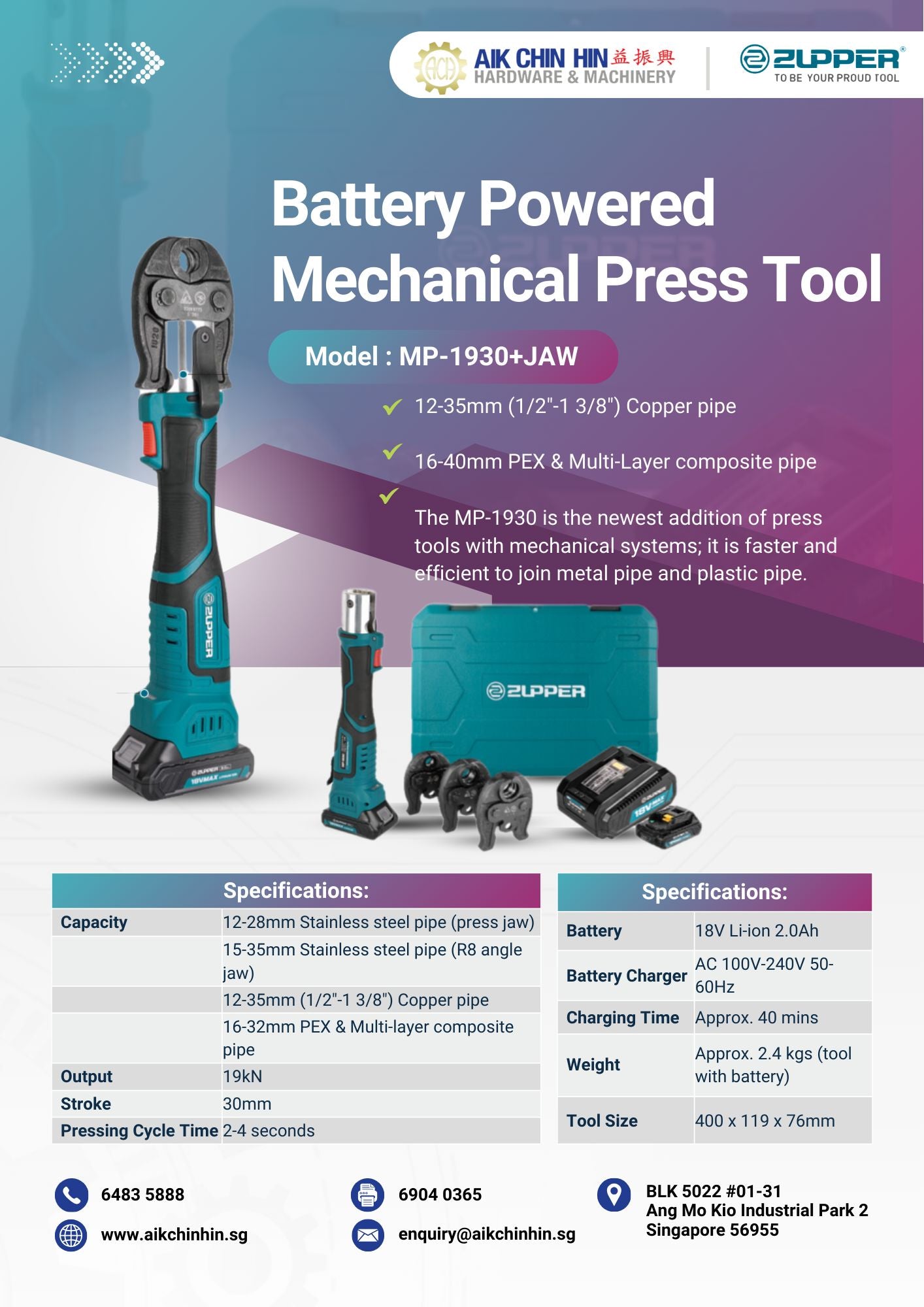 Zupper SS Battery 18V Pipe Clamper (Mechanical Press) C/W Jaw M Type 1