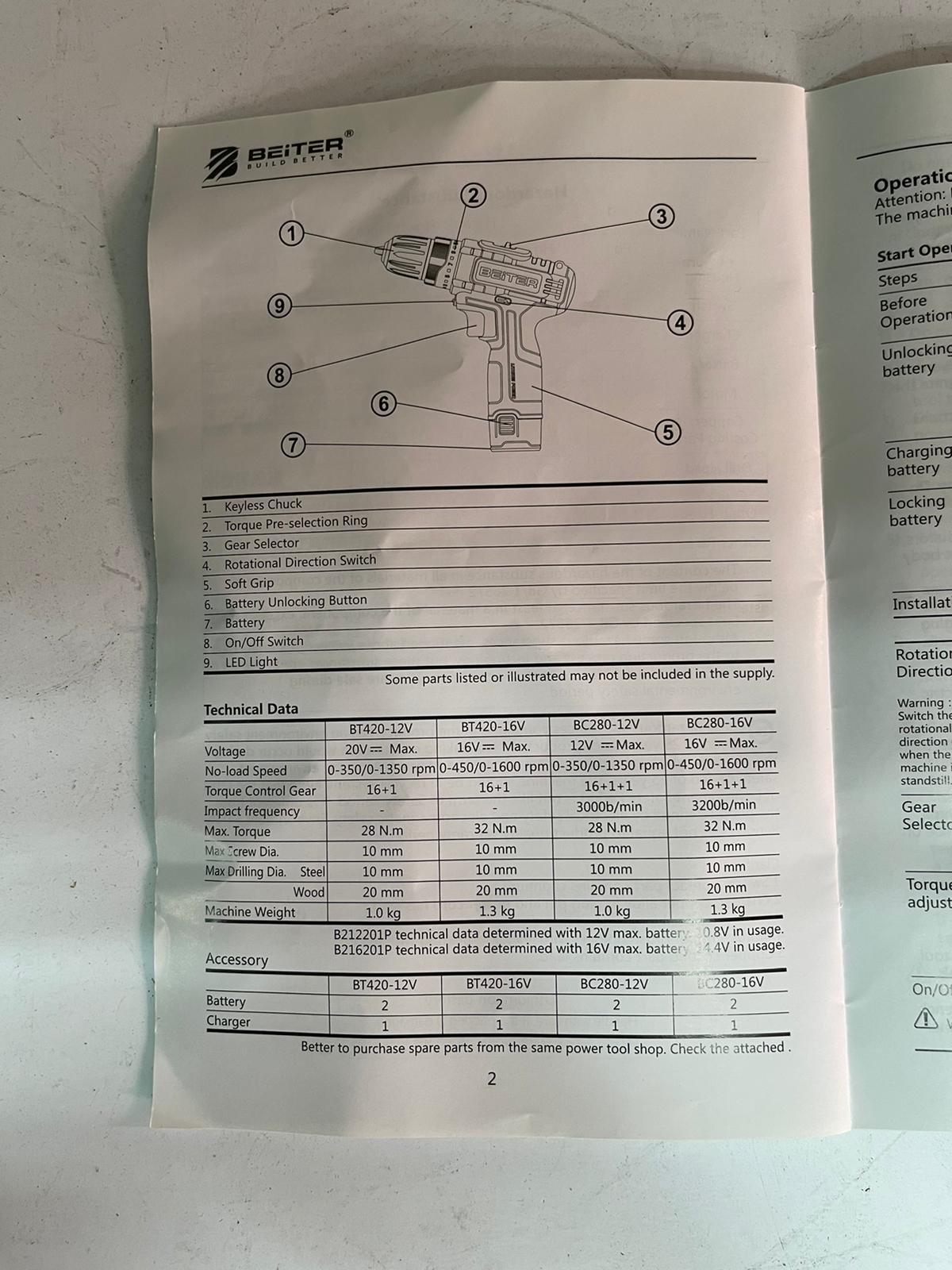 Beiter 16V 2.0Ah Cordless Driver Drill | Model : BT420-16V