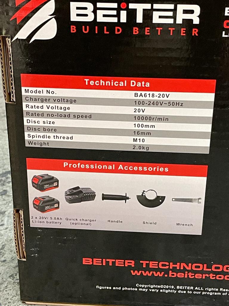 Beiter BA618-20V Cordless Angle Grinder 20V Brushless with 5.0Ah Batt