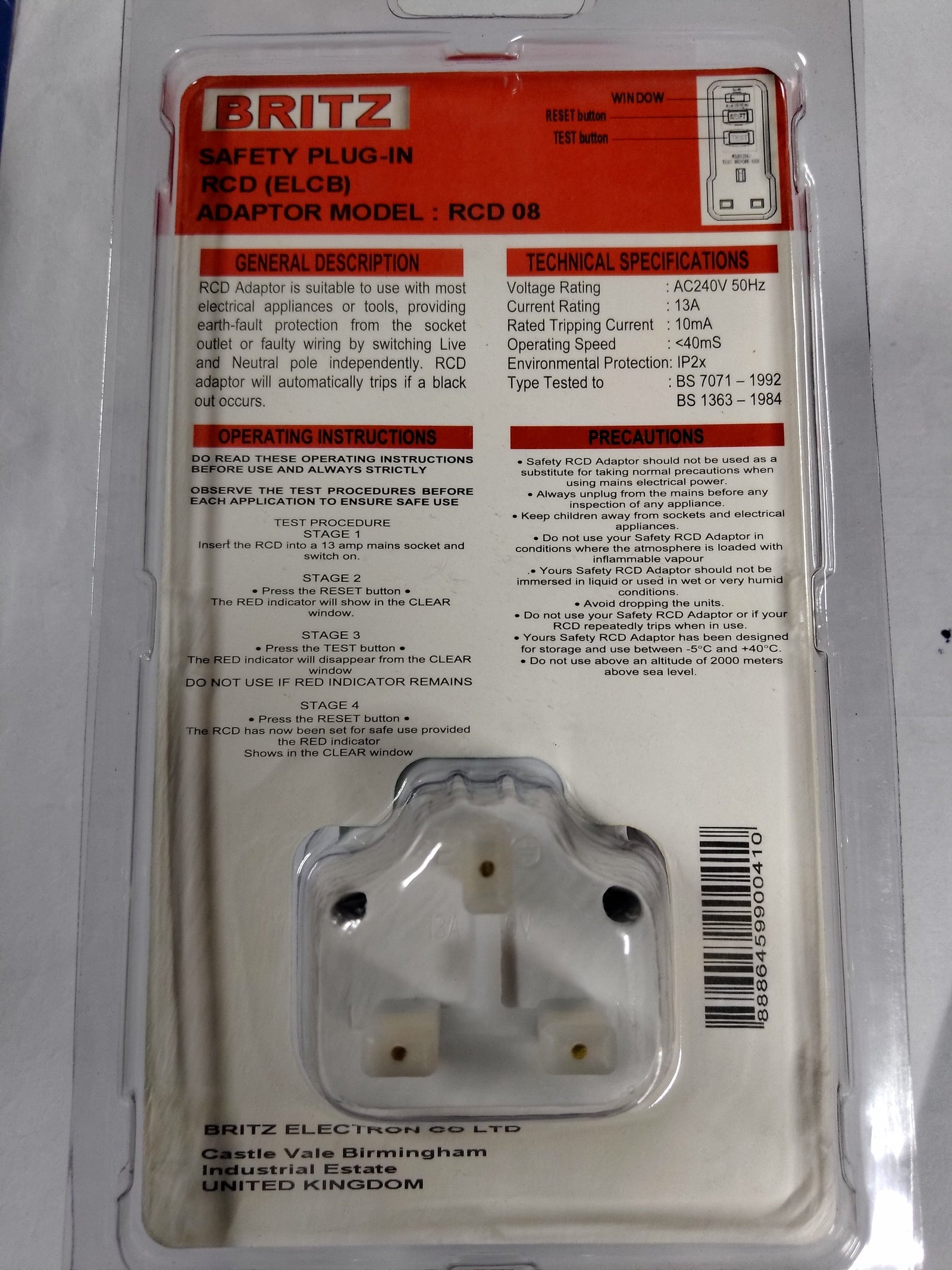 BRITZ RCD(ELCB) Adaptor 10mA RCD08 White/RCD11 Black | Model : RCD-B08