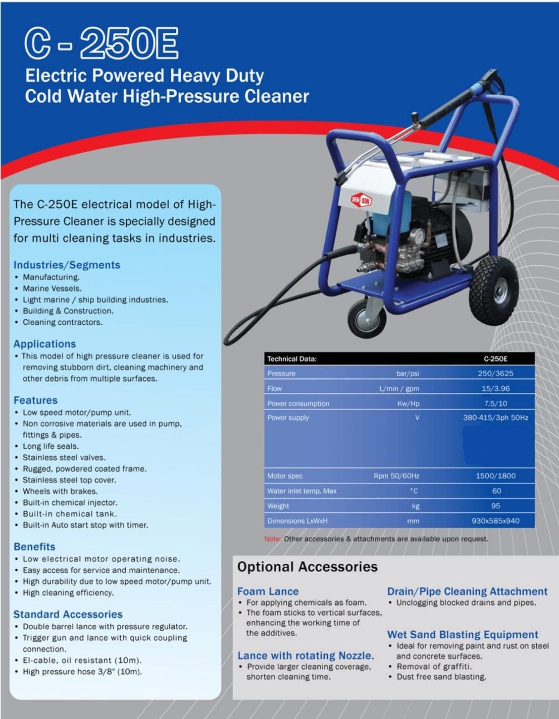 Densin C250E Electric Powered Heavy Duty Cold Water High - Pressure Cl