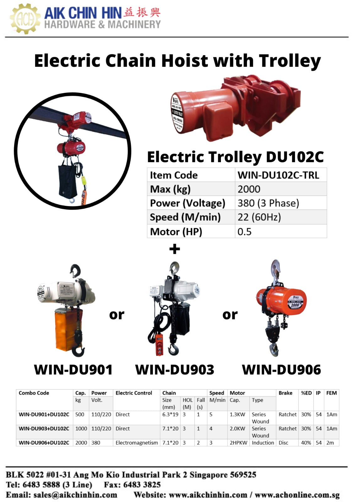Duke Electric 6m Chain Hoist 2000kg with Trolley 4way controller | Mod