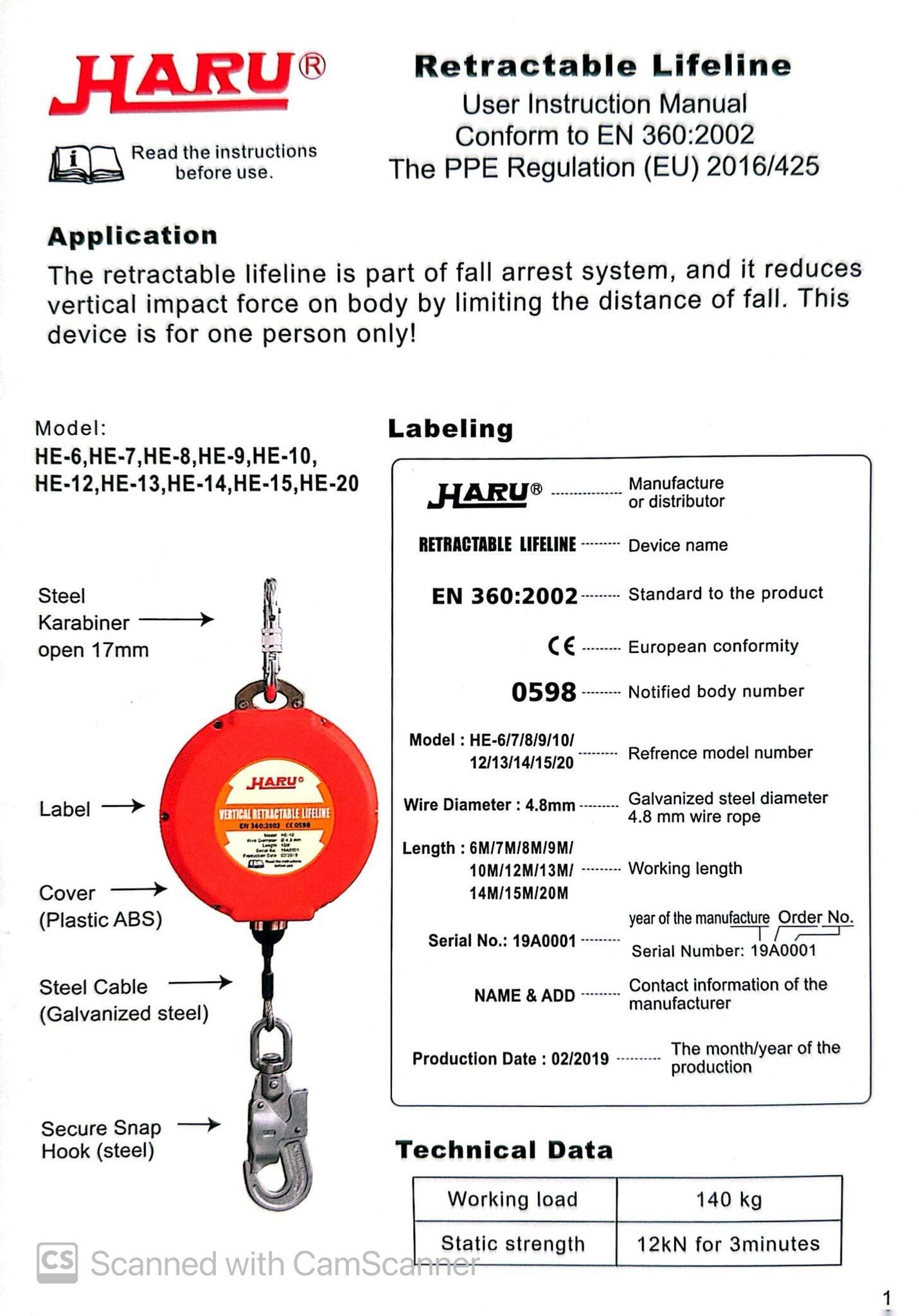 Haru Auto Fall Arrestor 10M (Retractable Lifeline En360) #HB-10 | Mode