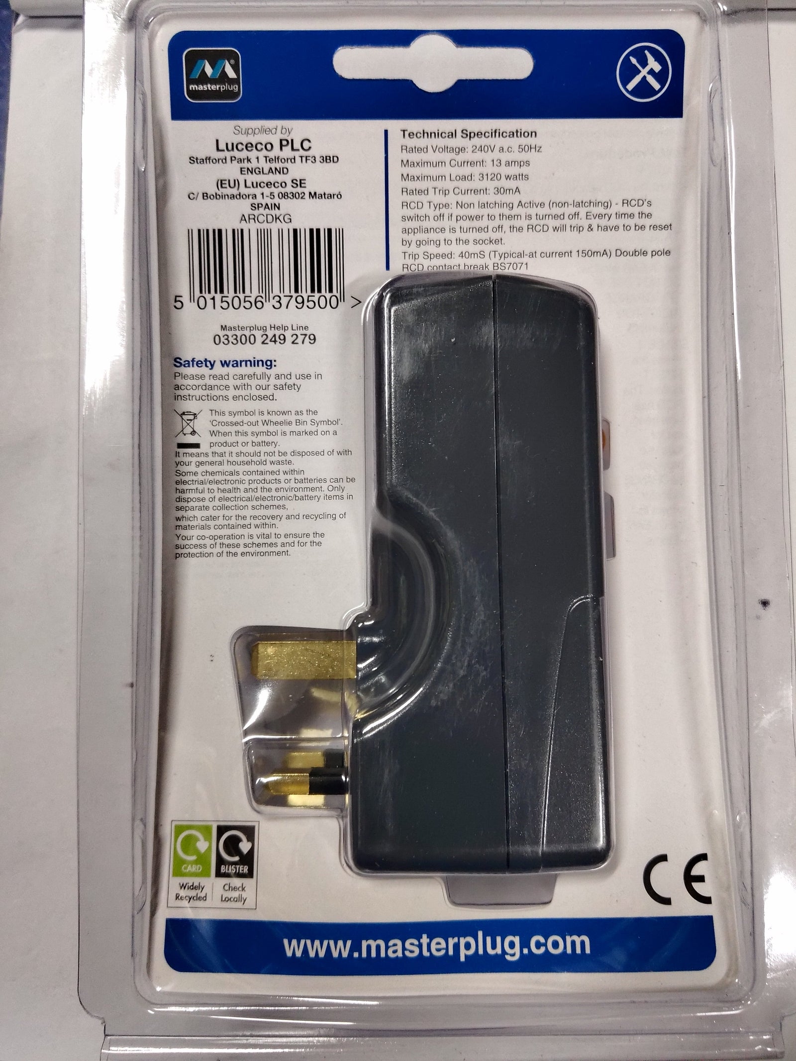 MASTERPLUG RCD Adaptor 13A (Grey) | Model : RCD-M13