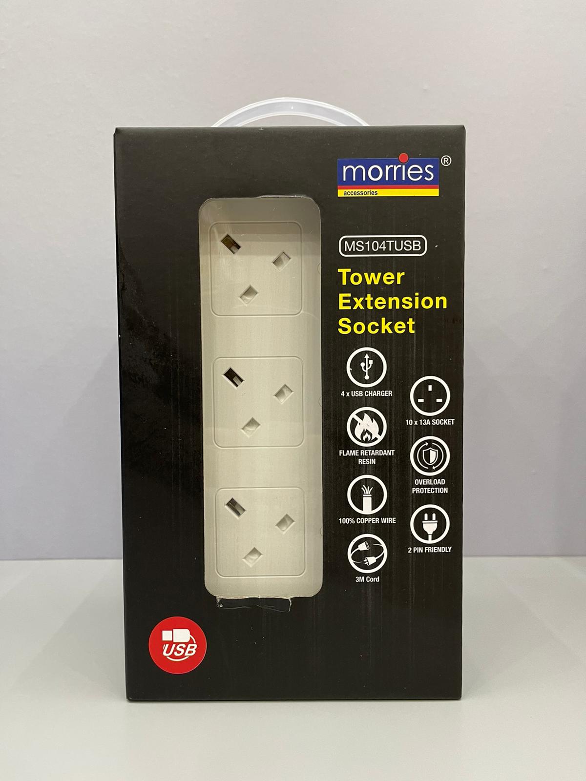 Morris Ms104 10-Way Tower Extn Socket + 4 Usb Port With Safety Mark