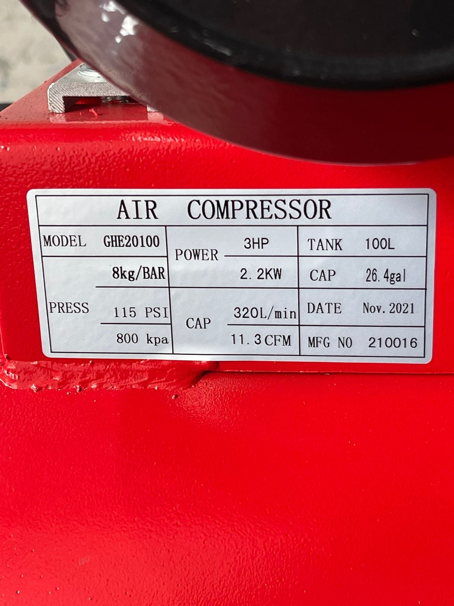 Tiger 3HP 100L 220V 50HZ Belt Driven Air Compressor (FOR EXPORT ONLY)