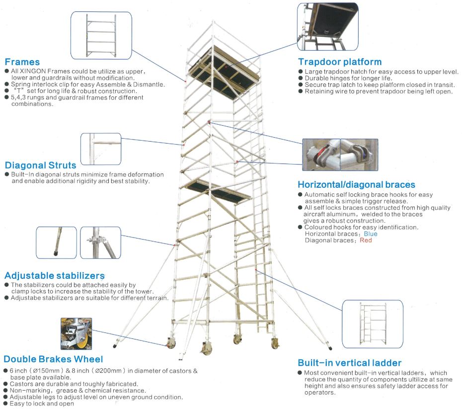 XG Aluminium 4.5m Stand Platform Height Scaffolding Single Width Ladde